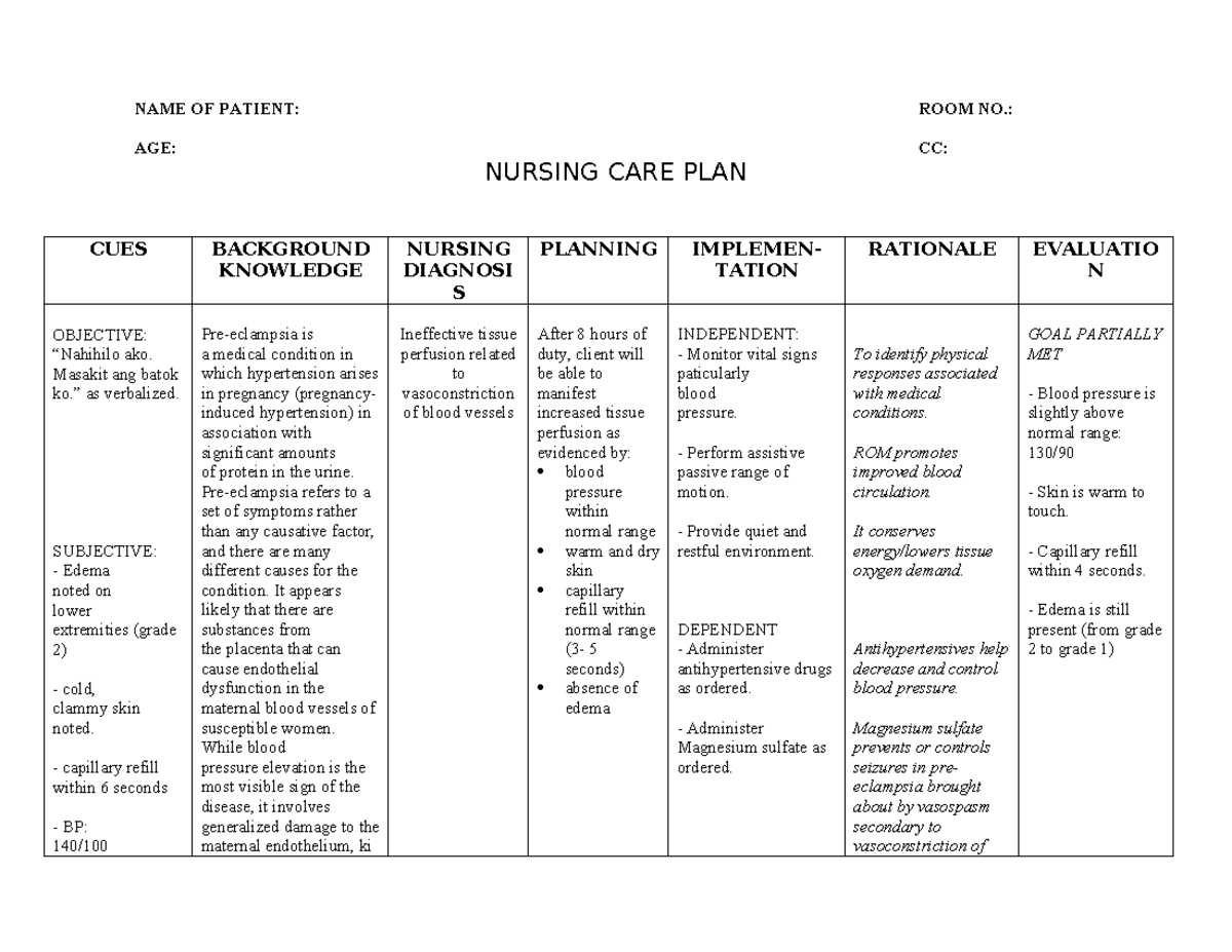30761522 NCP tissue perfusion for pre eclampsia - NAME OF PATIENT: ROOM ...