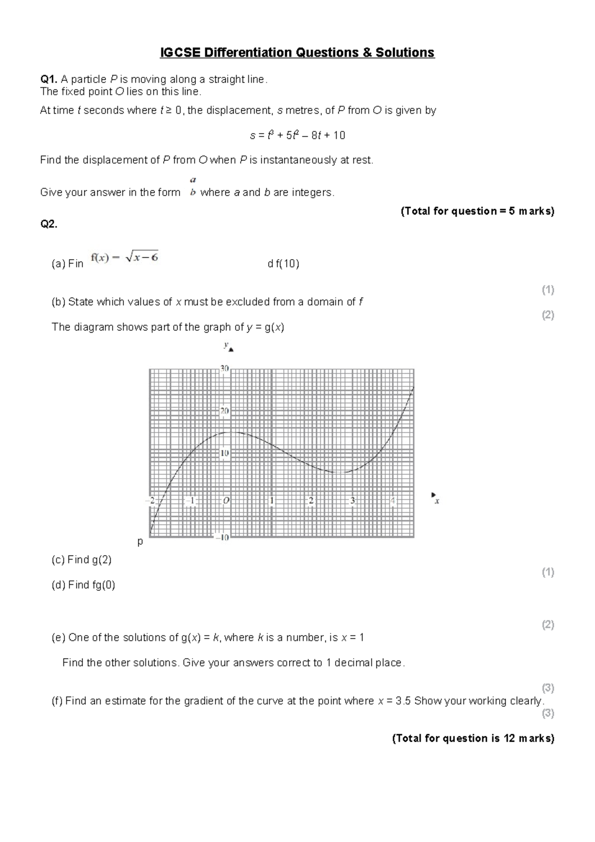 IGCSE Differentiation Exam Questions Solutions - Studocu