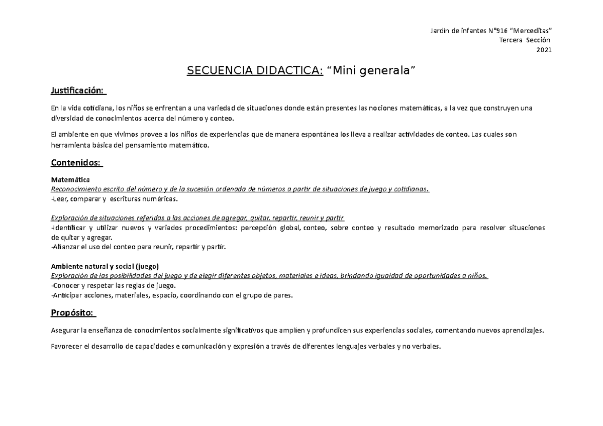 Secuencia Didáctica: Juego "Mini Generala" para Tercera Sección - Studocu