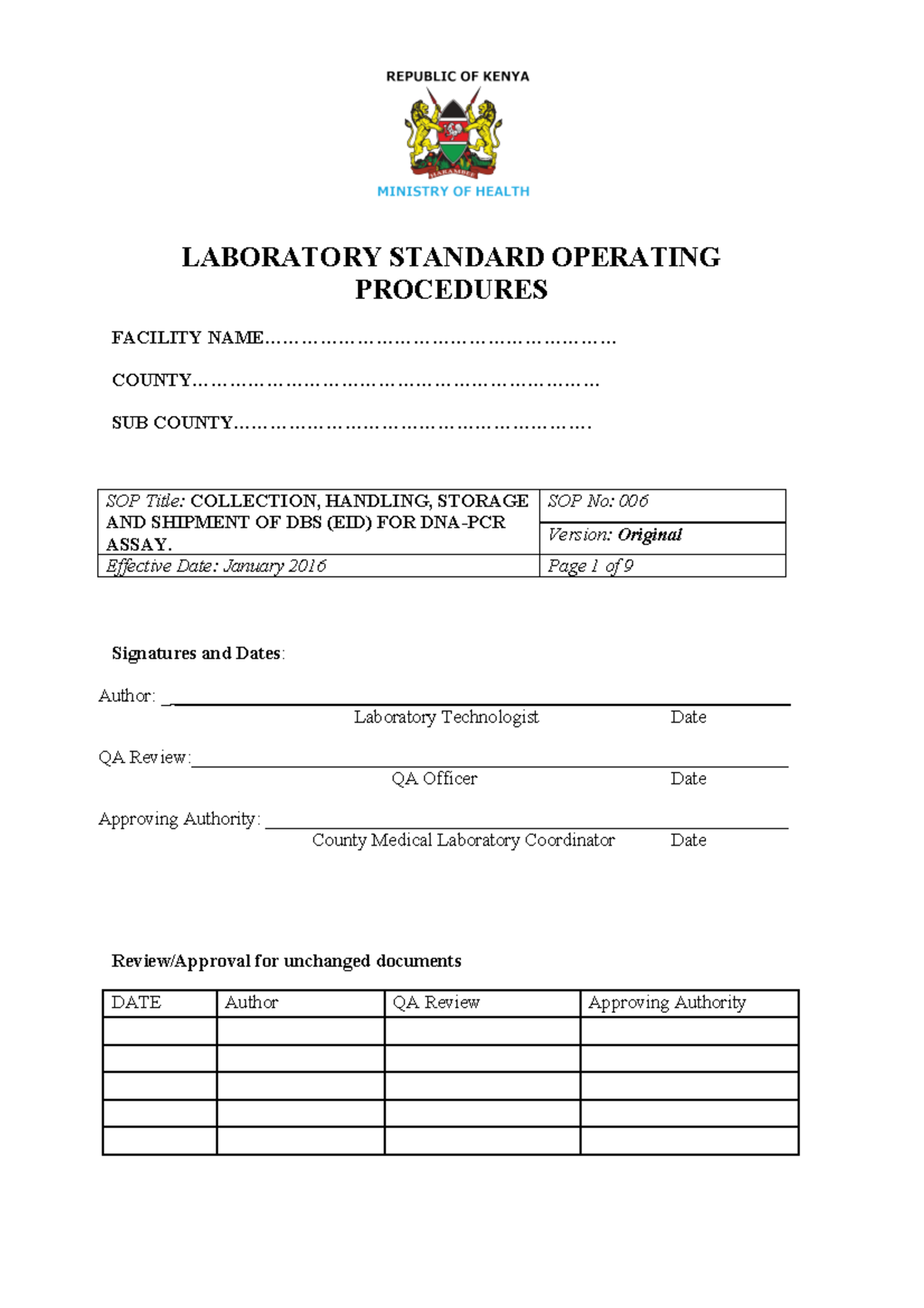 SOP 006: Collection, Handling, Storage & Shipment of DBS (EID) for DNA ...