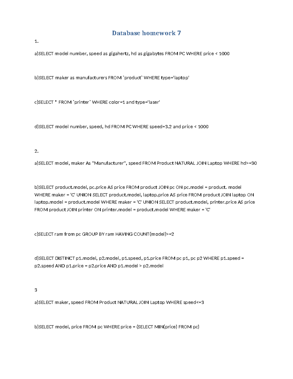 Database Coursework: Homework 7 Queries and Exercises - Studocu