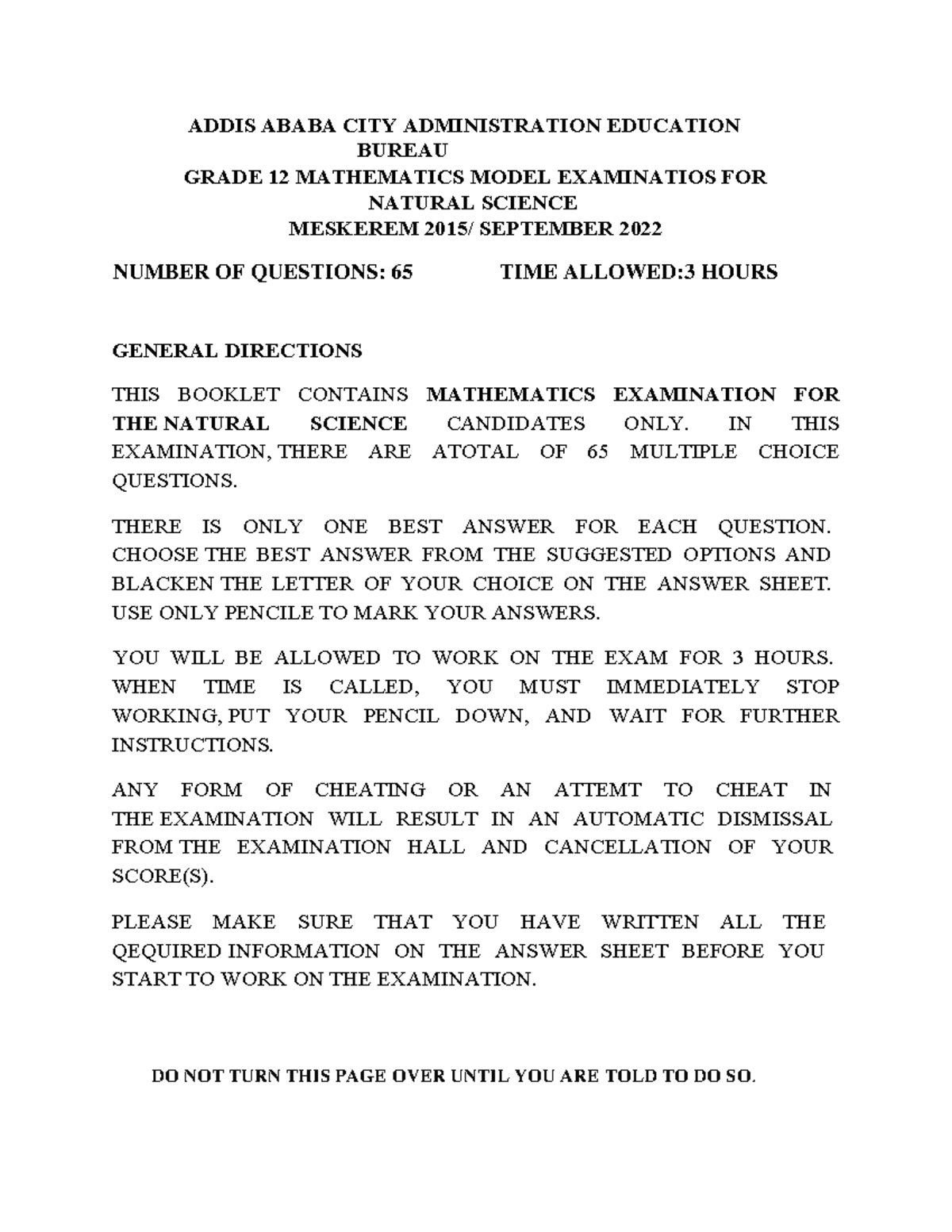 Mathematics Model Exam for Natural Science G12 2015 - Studocu