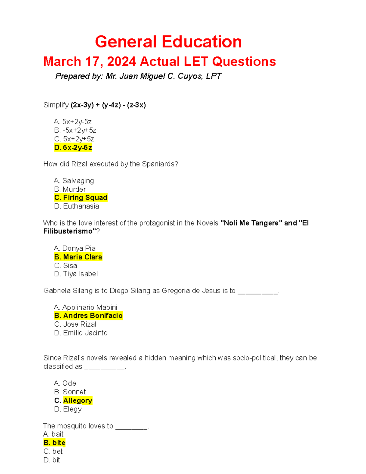 March 2024 Gened Actual LET Exam Questions and Answers - Studocu