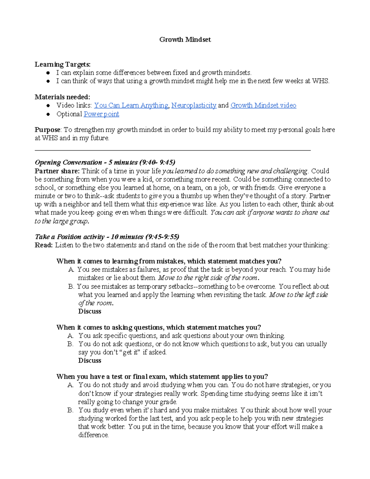 Growth Mindset Lesson Plan: Strategies for Personal Success and ...