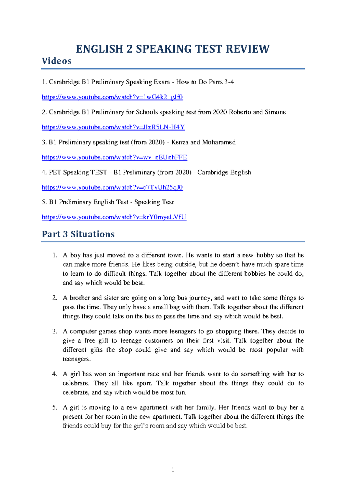 Cambridge B1 Preliminary Speaking Test Review: ENGLISH 2 Guide - Studocu