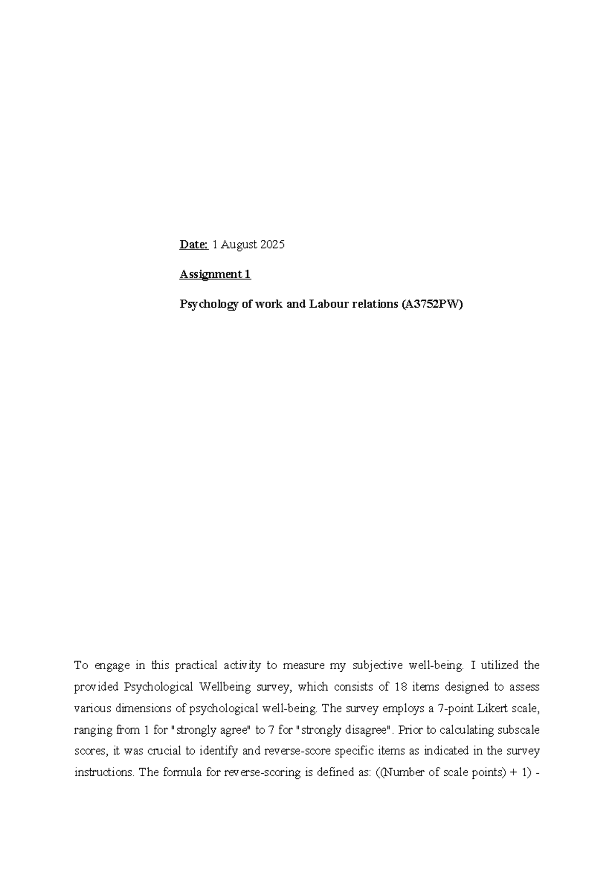Psychology of Work & Labour Relations A3752PW: Assignment 1 Analysis ...