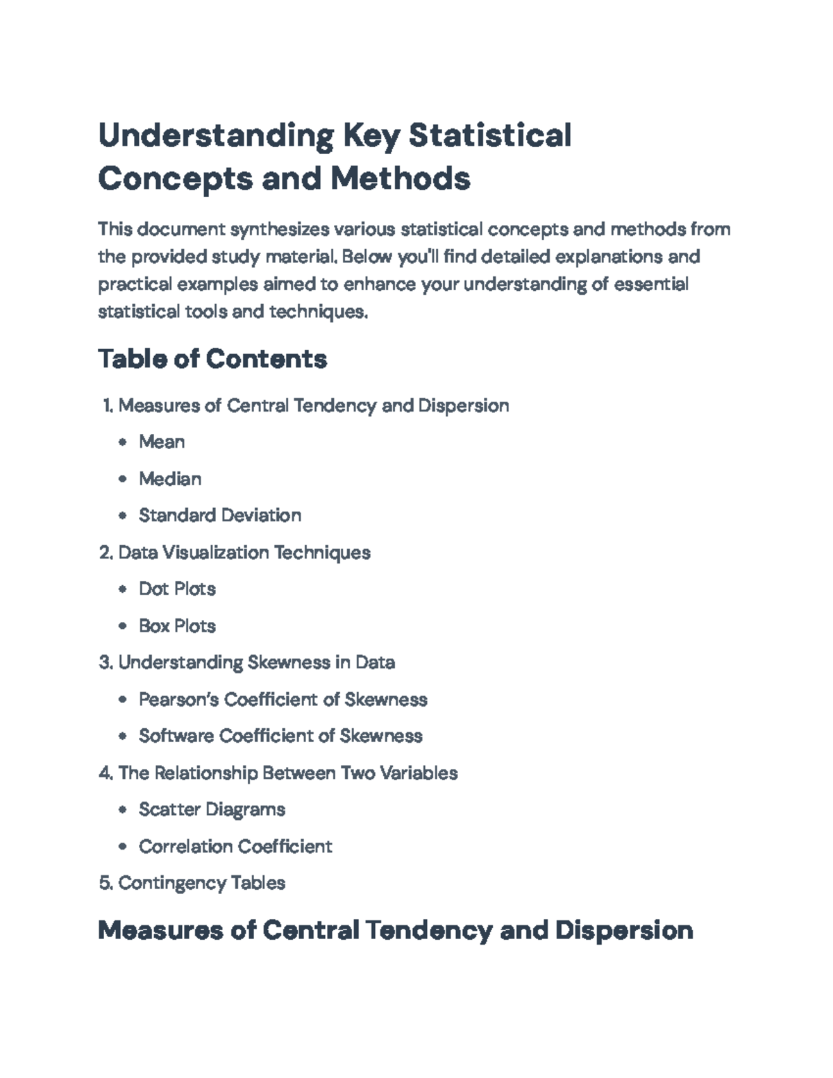 Statistical Concepts and Methods Overview for Course CODE: STAT101 - Understanding Key ...