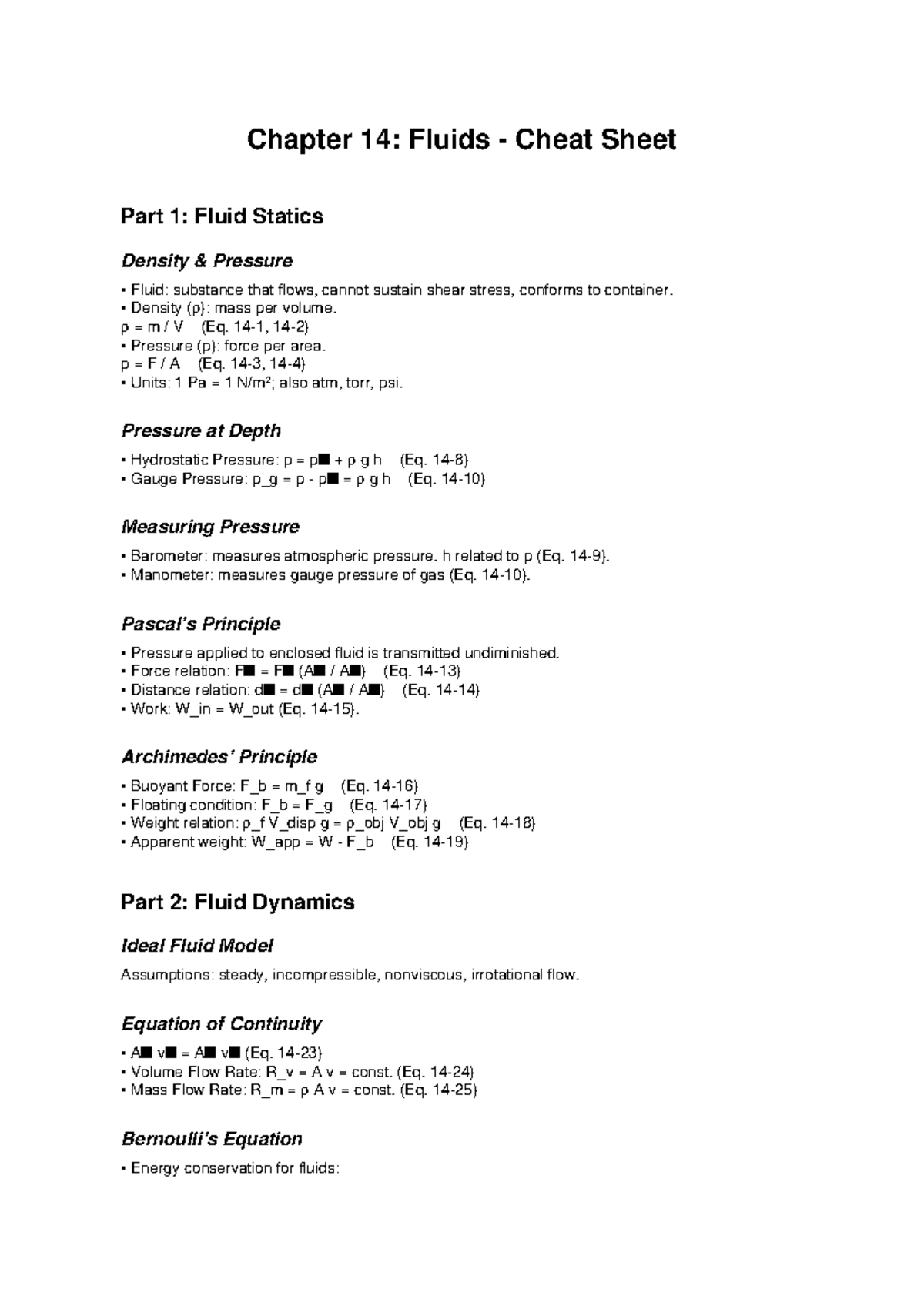 Chapter 14: Fluids Cheat Sheet - Fluid Statics & Dynamics Overview - Studocu