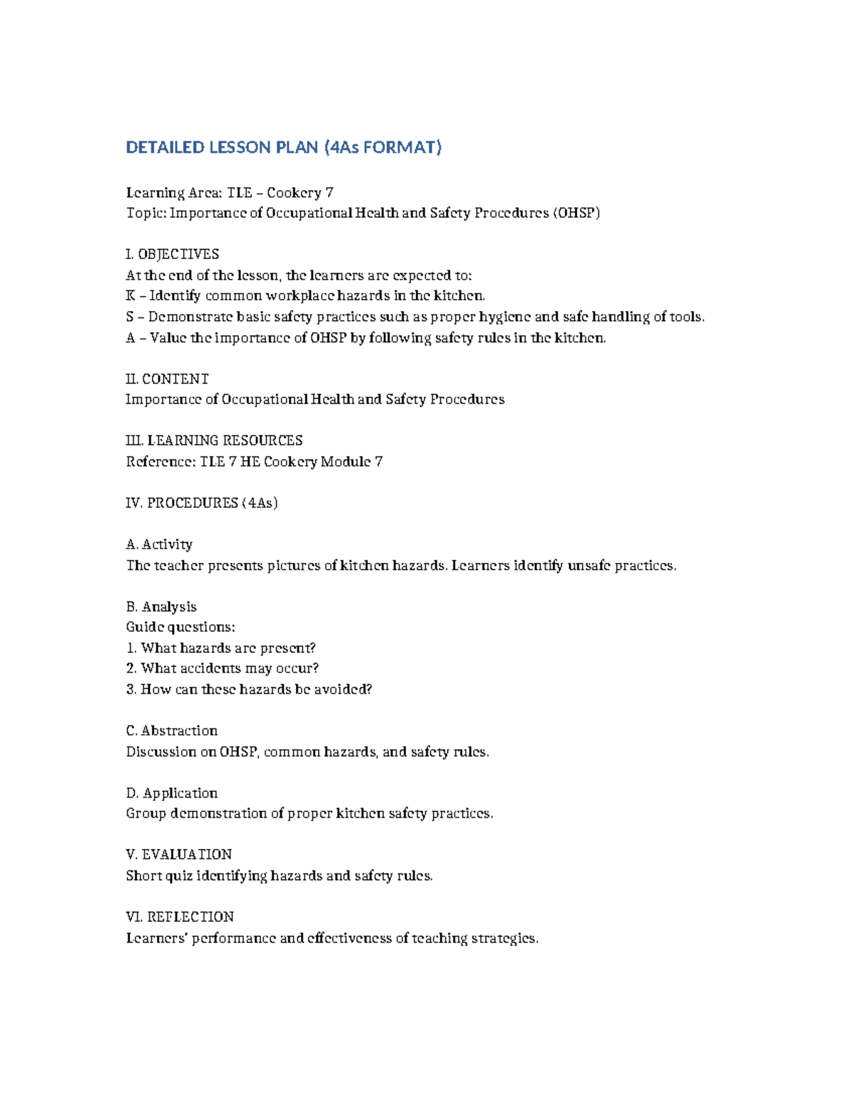4As Lesson Plan on OHSP for TLE Cookery 7 - Studocu