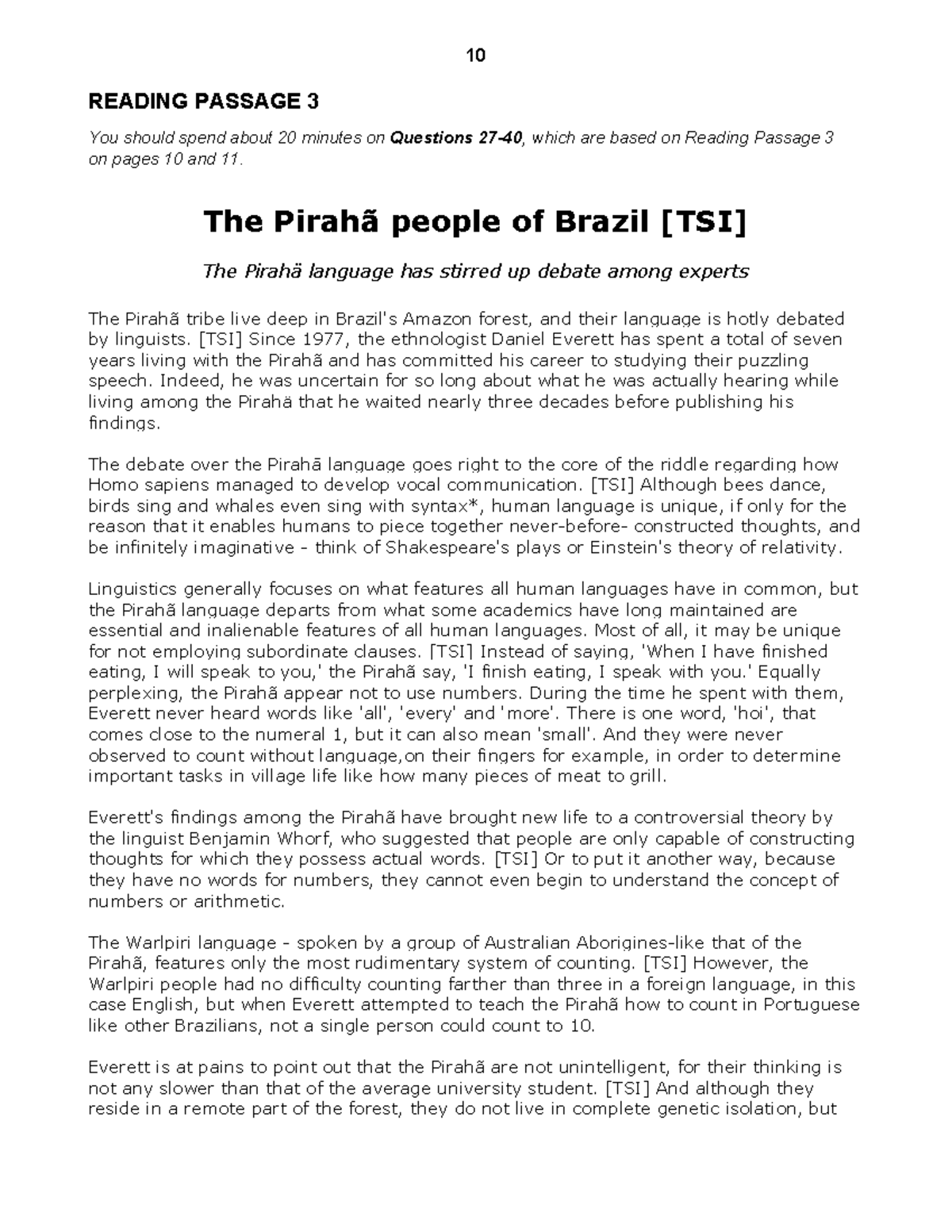 The Pirahã People of Brazil: Insights from Reading Passage 3 - Studocu