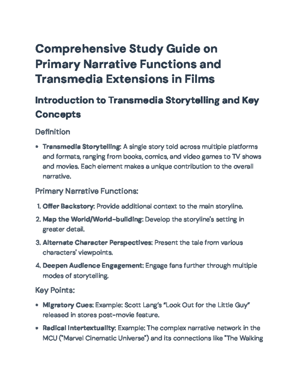 Comprehensive Study Guide on Narrative Functions in Film (CIN101 ...