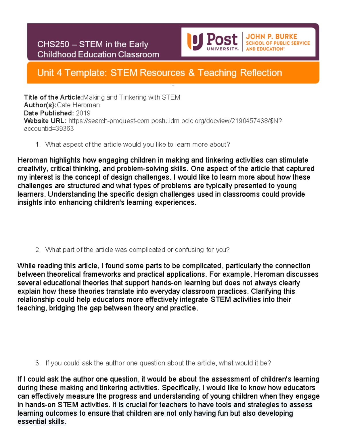Unit 4 Assignment: Insights on Making & Tinkering in STEM - Studocu
