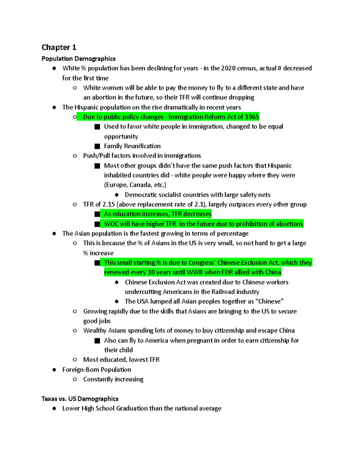Exam 1 Notes - Chapter 1 Population Demographics White % population has ...