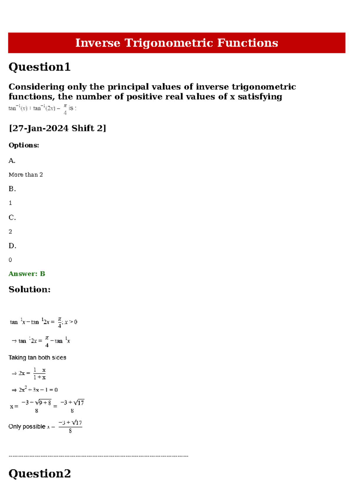 Inverse Trigonometric Functions Quiz: Solutions and Explanations - Studocu