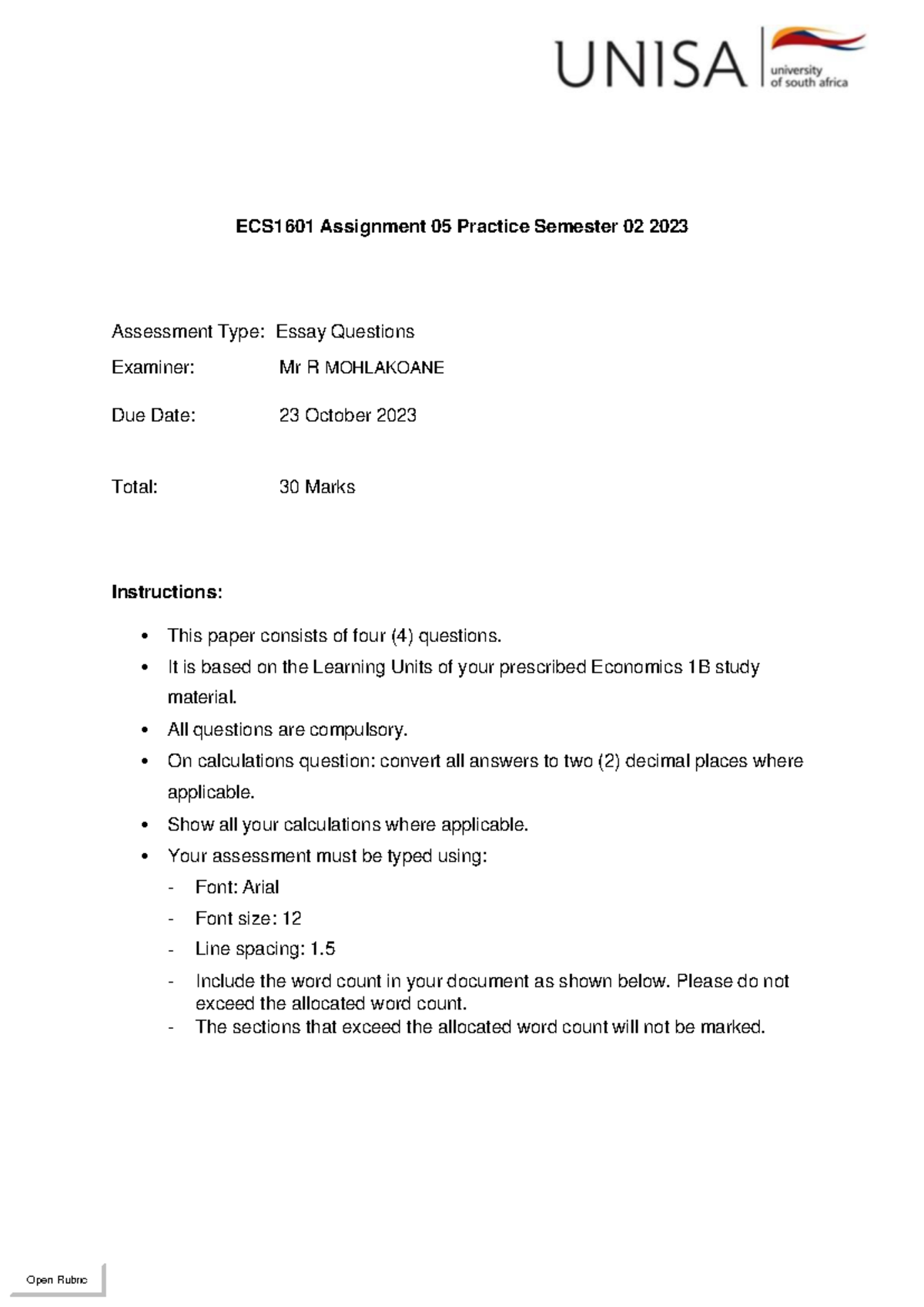 Practice Assessment 05 - ECS1601 Assignment 05 Practice Semester 02 ...