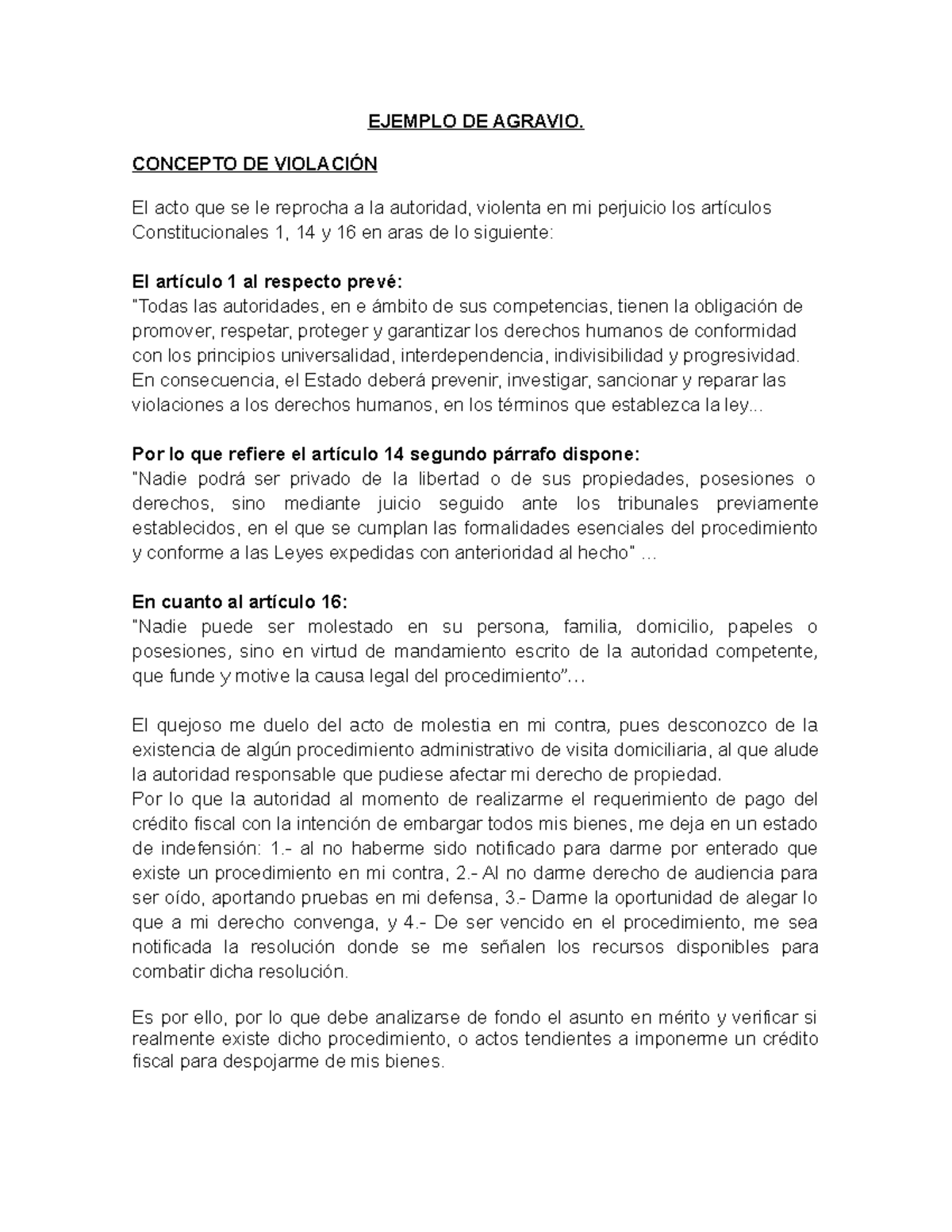 Ejemplo DE Agravio: Violación de Derechos Humanos y Procedimientos ...