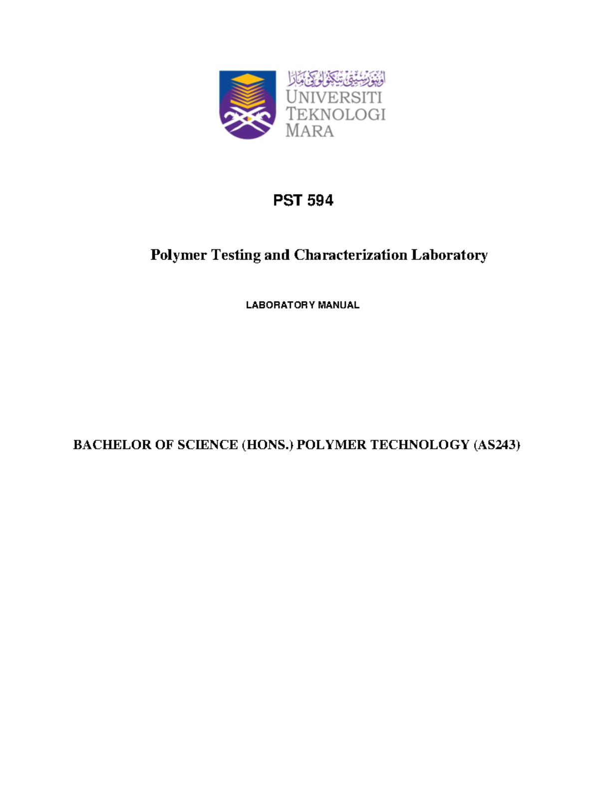 LAB MANUAL FOR PST 594: POLYMER TESTING & CHARACTERIZATION - Studocu