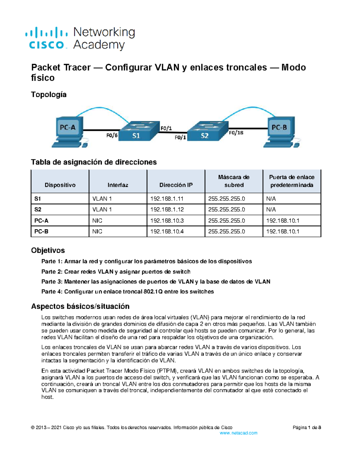 Práctica de Lab: Configuración de VLAN y Enlaces Troncales - NETACAD ...