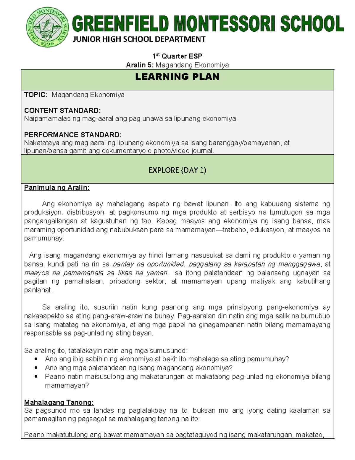 ESP 9 Lesson 5: Magandang Ekonomiya Learning Plan and Activities - Studocu