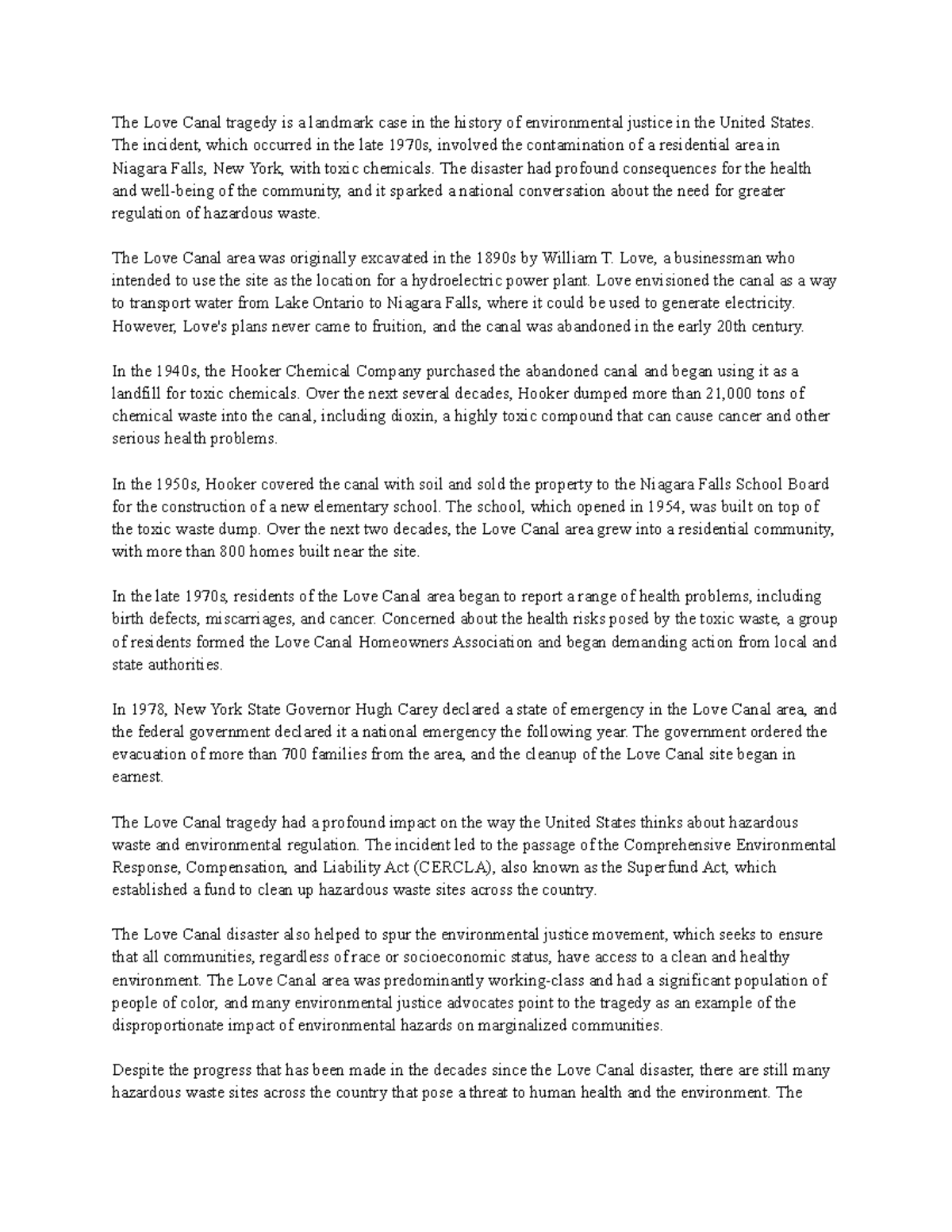 Love Canal Tragedy - Environmental Justice Essay Analysis - Studocu