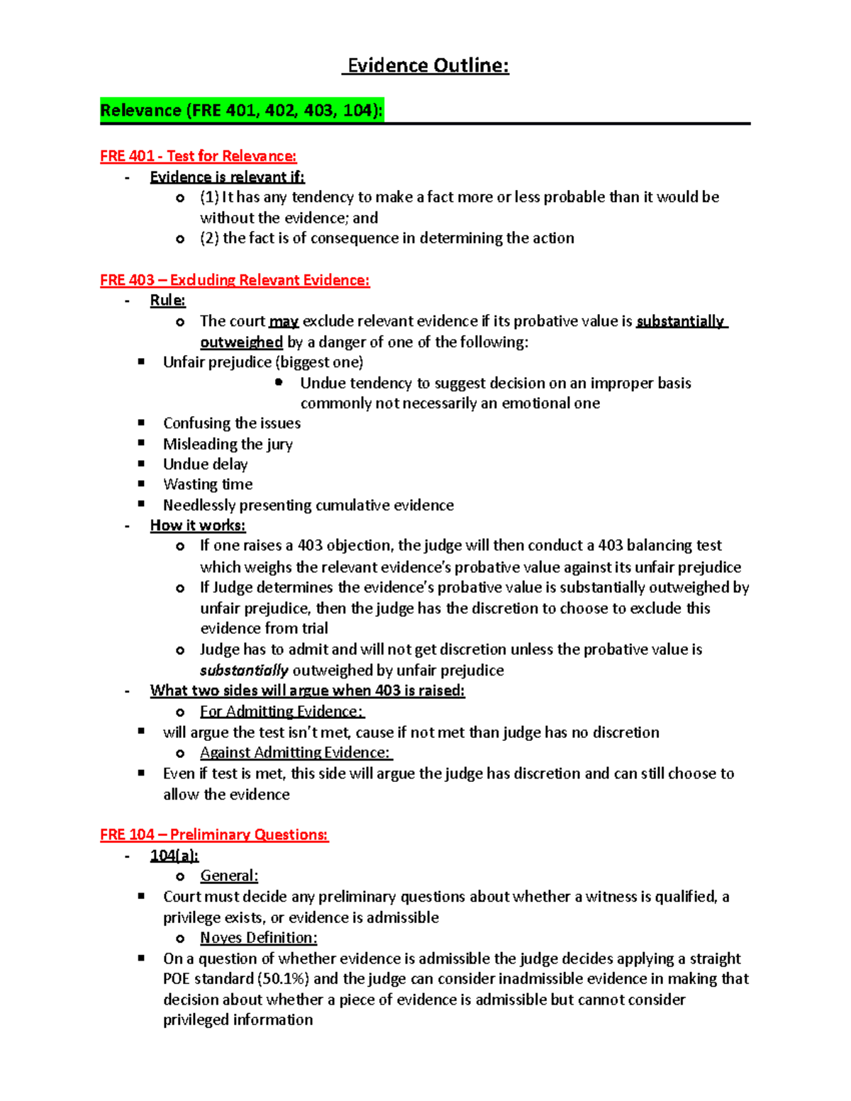 Evidence Outline: Key Principles of Relevance and Admissibility (FRE ...