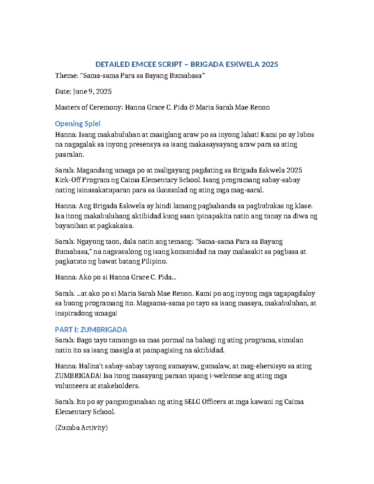 Brigada Eskwela 2025 EMCEE Script: Para sa Bayang Program - Studocu