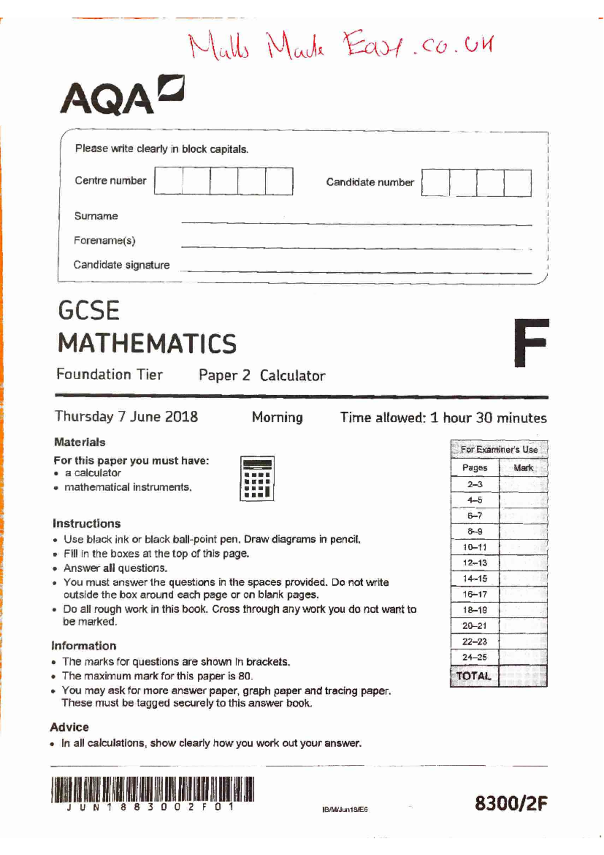 GCSE Maths Mock Solutions AQA June 2018 Paper 2 Foundation - Studocu