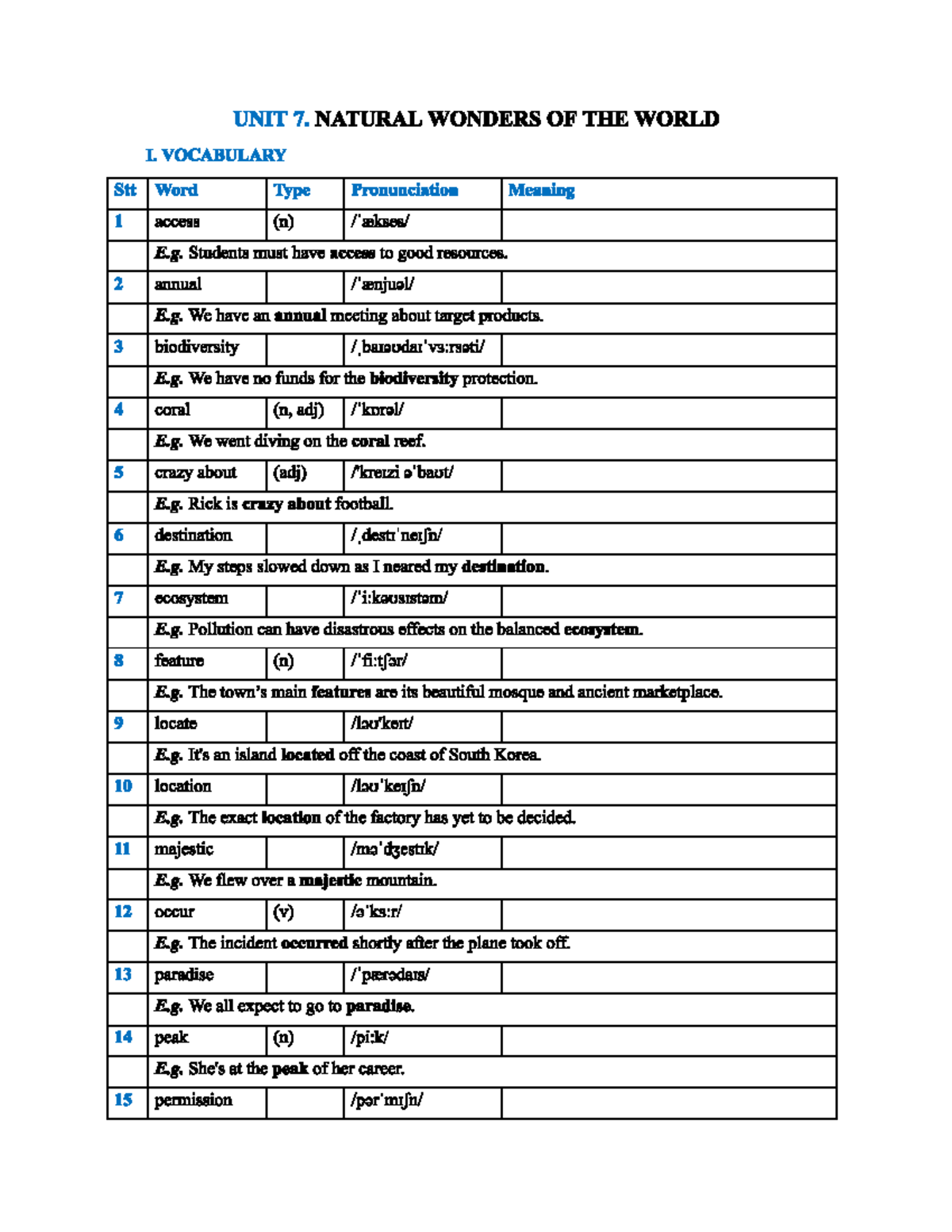 L9: Unit 7 Natural Wonders of the World - Vocabulary & Exercises - Studocu