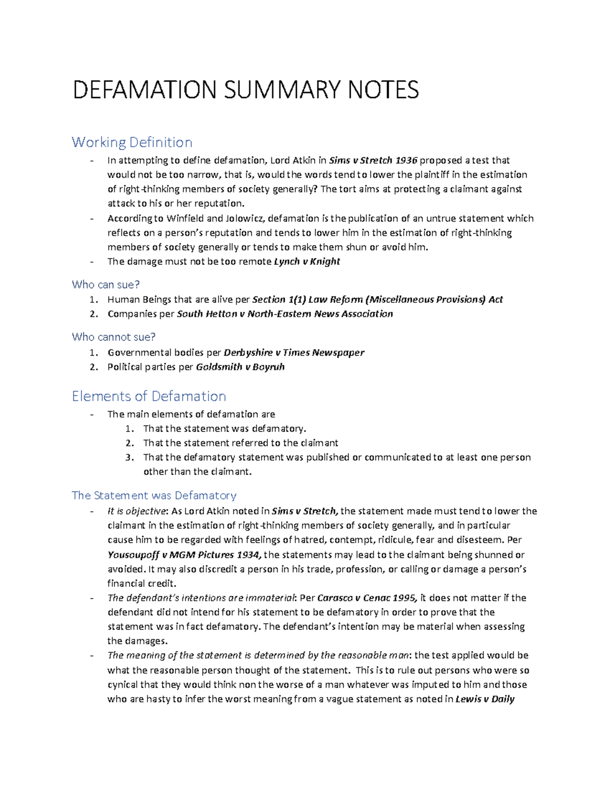 Defamation Law Summary Notes - Understanding Key Concepts and Cases ...