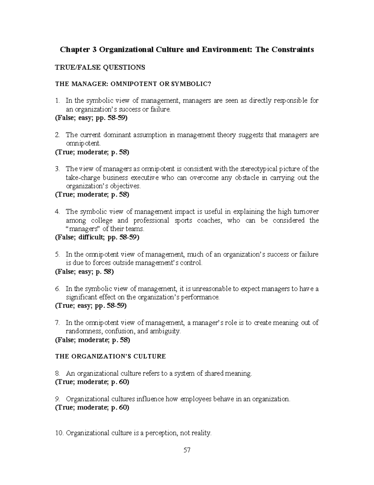 Mgmt09 tif03 - Organizational Culture Test Bank Questions - Studocu