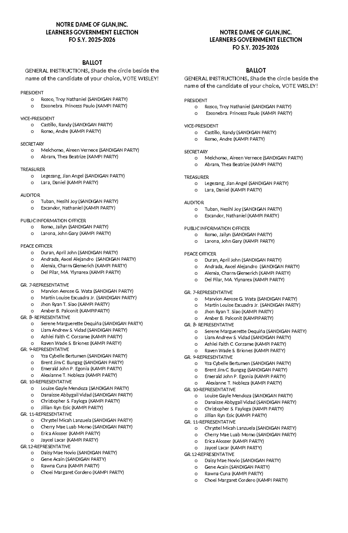 SSG sample ballot election for Notre Dame of Glan, Inc. - Studocu