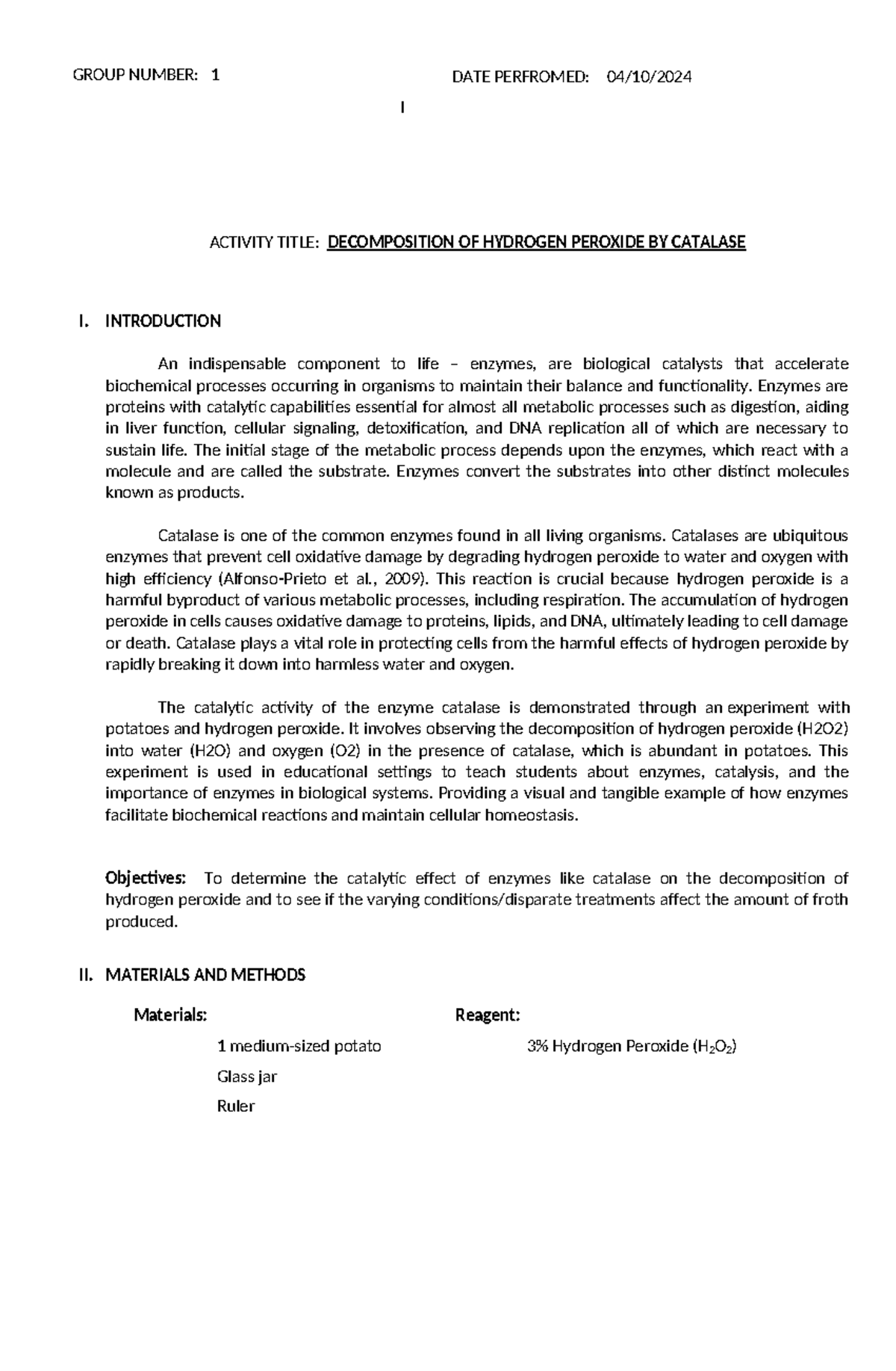 Biochem Lab report - enzymes - GROUP NUMBER: 1 ACTIVITY TITLE ...