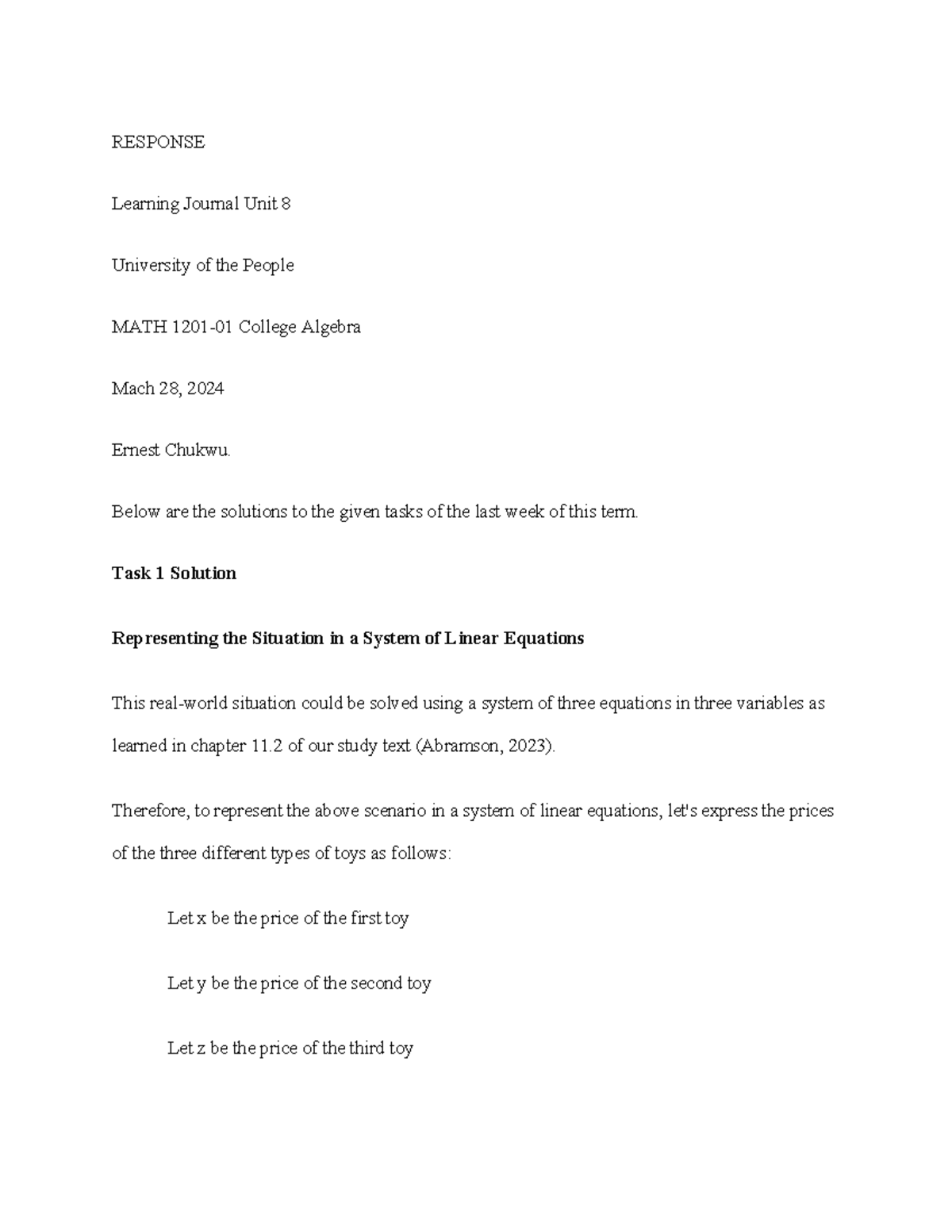 Response to MATH 1201 Unit 8 Learning Journal and Solutions - Studocu