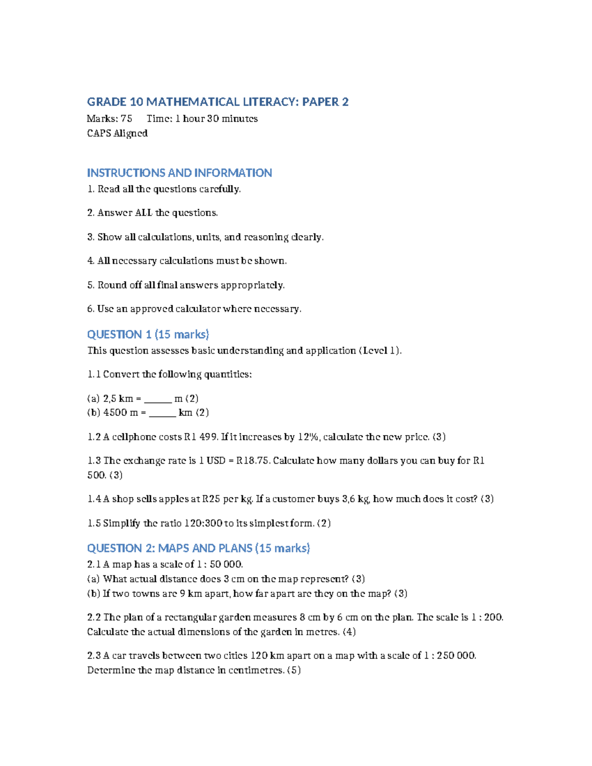 Grade 10 Mathematical Literacy: Paper 2 Exam & Memo - Studocu