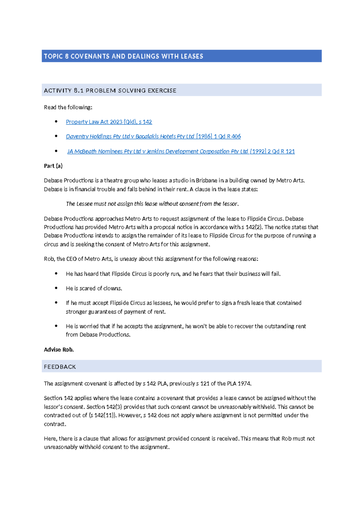 LLB301 Topic 8: Covenants & Leases - Assignment Advice Exercise - Studocu