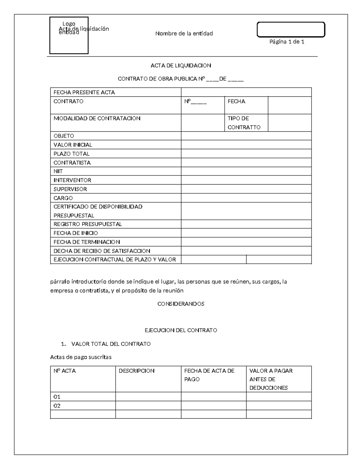 ACTA DE LIQUIDACION - Contrato de Obra Pública - Studocu