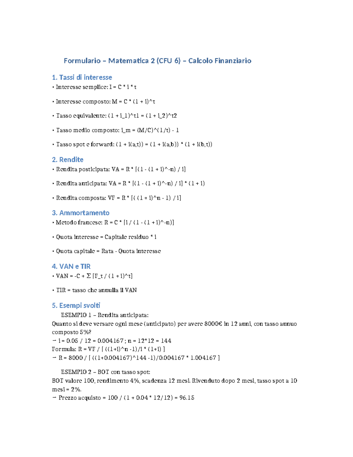 Formulario Matematica 2 (CFU 6) - Calcolo Finanziario 1 - Studocu