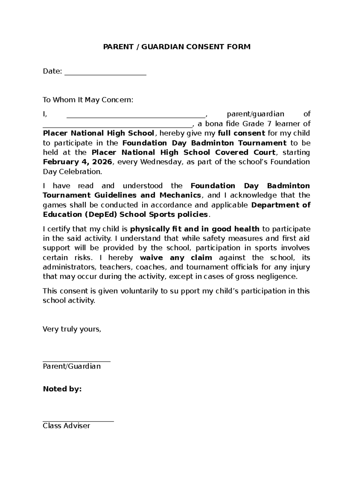 Parent Guardian Consent Form for Grade 7 Badminton Tournament - Studocu
