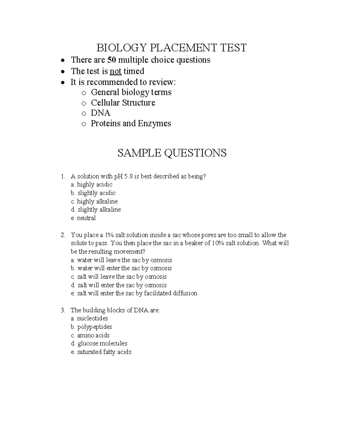 BIOLOGY PLACEMENT TEST: Info & Sample Questions - Studocu