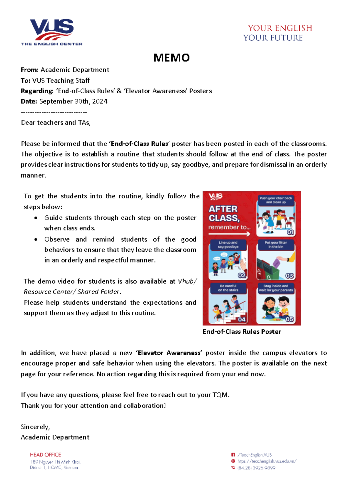 Memo: End-of-Class Rules & Elevator Awareness Guidelines - Studocu