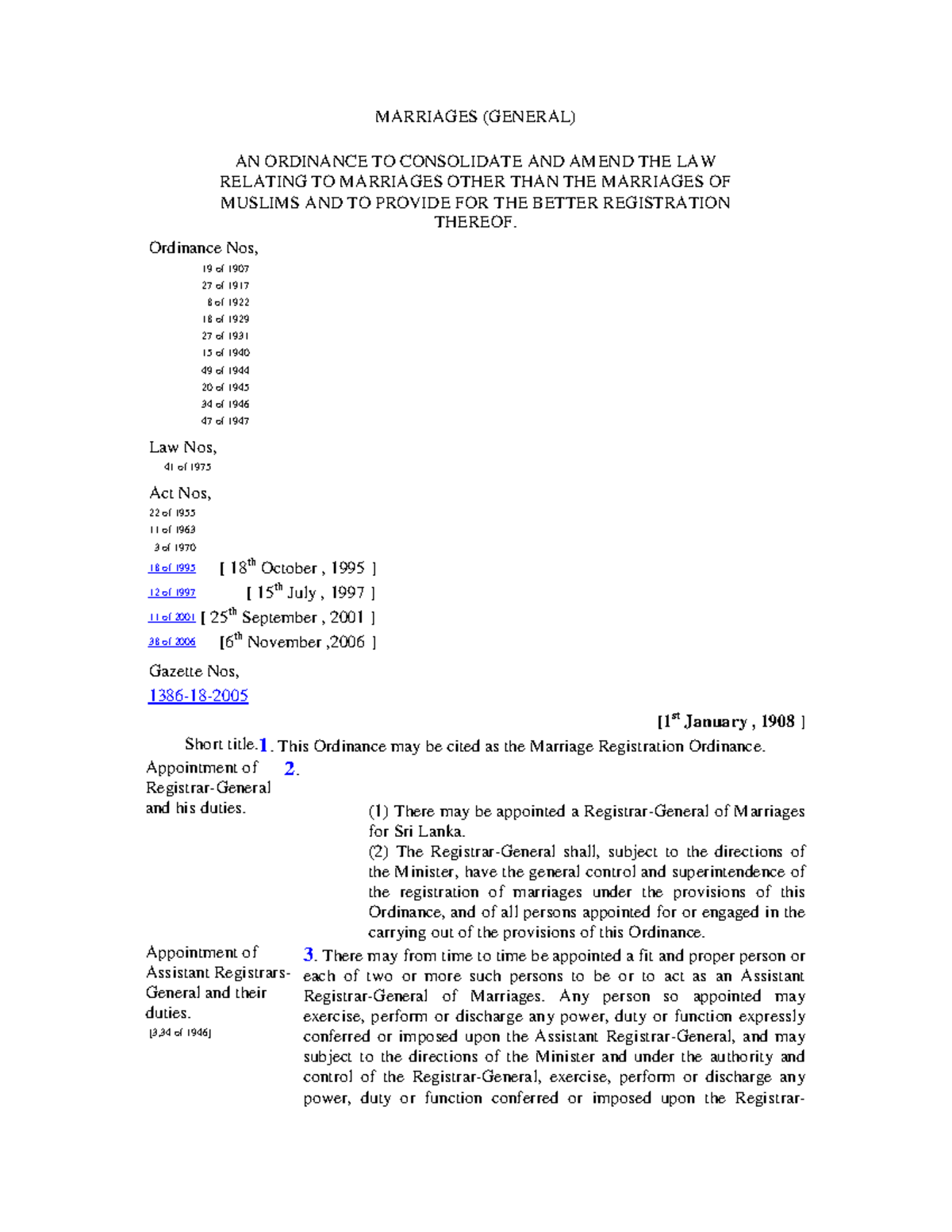 Marriage Registration Ordinance No. 19 of 1907: Consolidation and ...