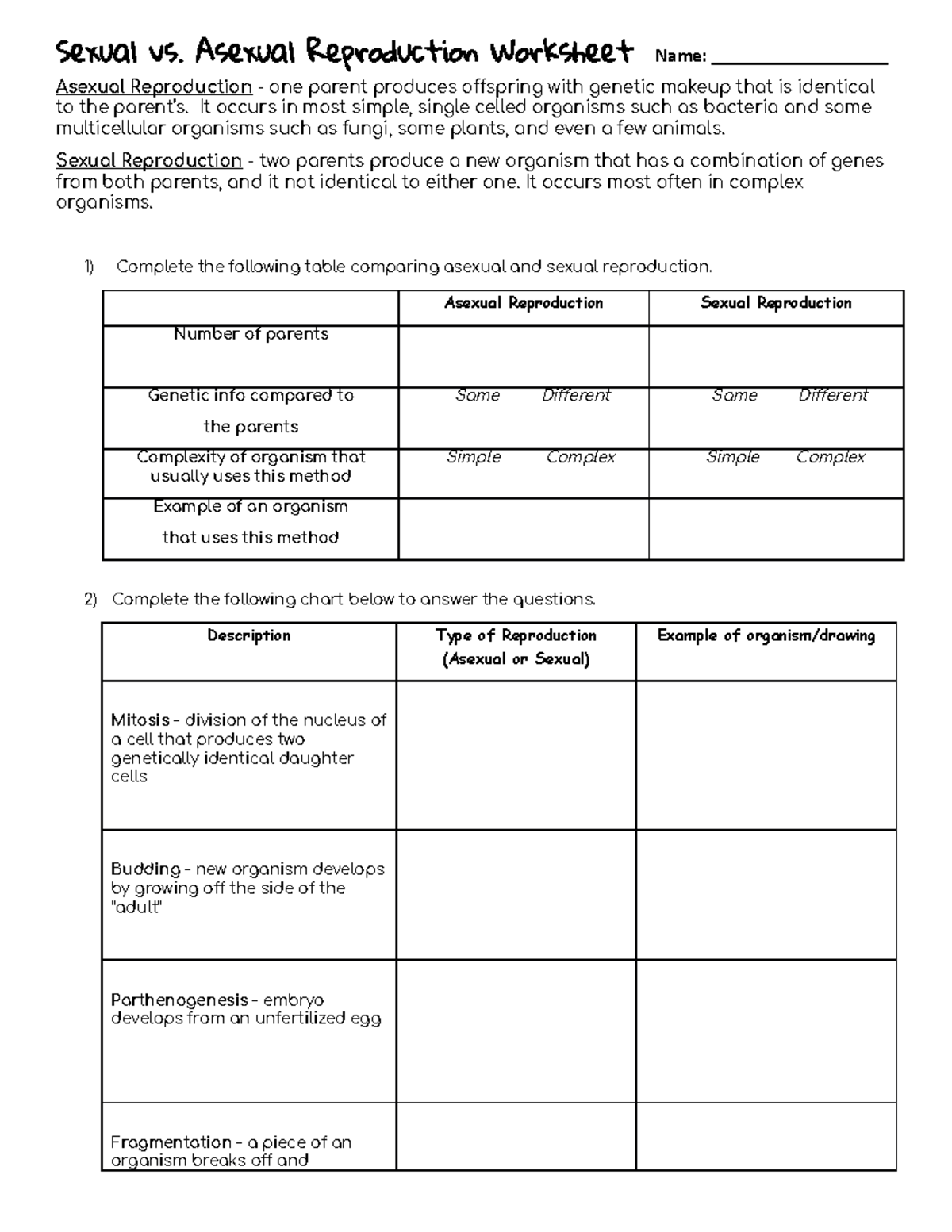 Sexual and asexual handout - Sexual vs. Asexual Reproduction Worksheet ...