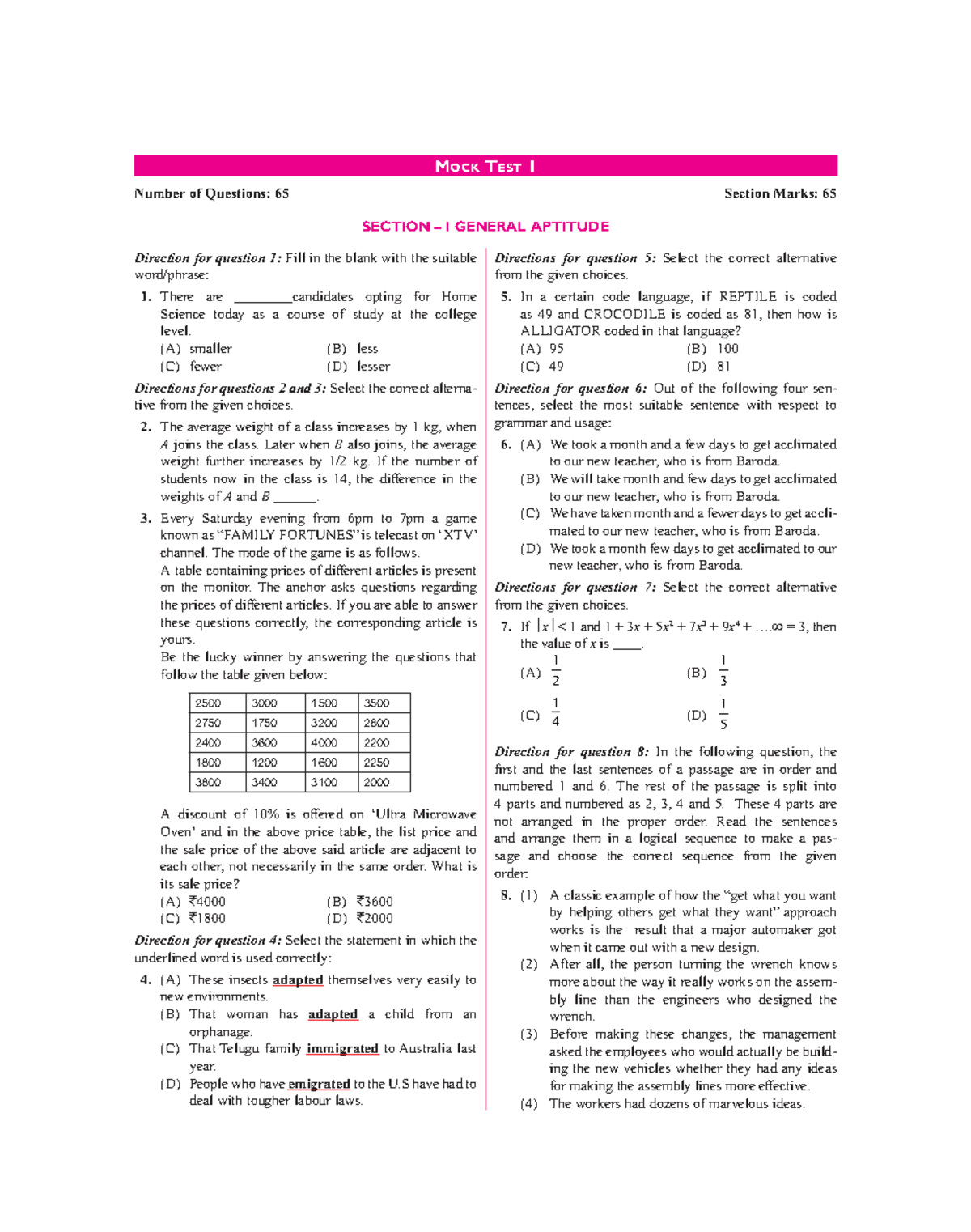 Mock Test 1: General Aptitude Questions and Answers - Studocu