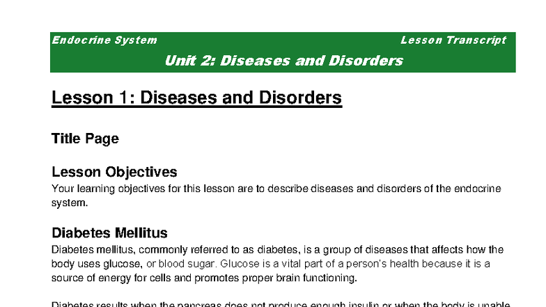Unit 2: Endocrine System Diseases & Disorders Lesson Summary - Studocu
