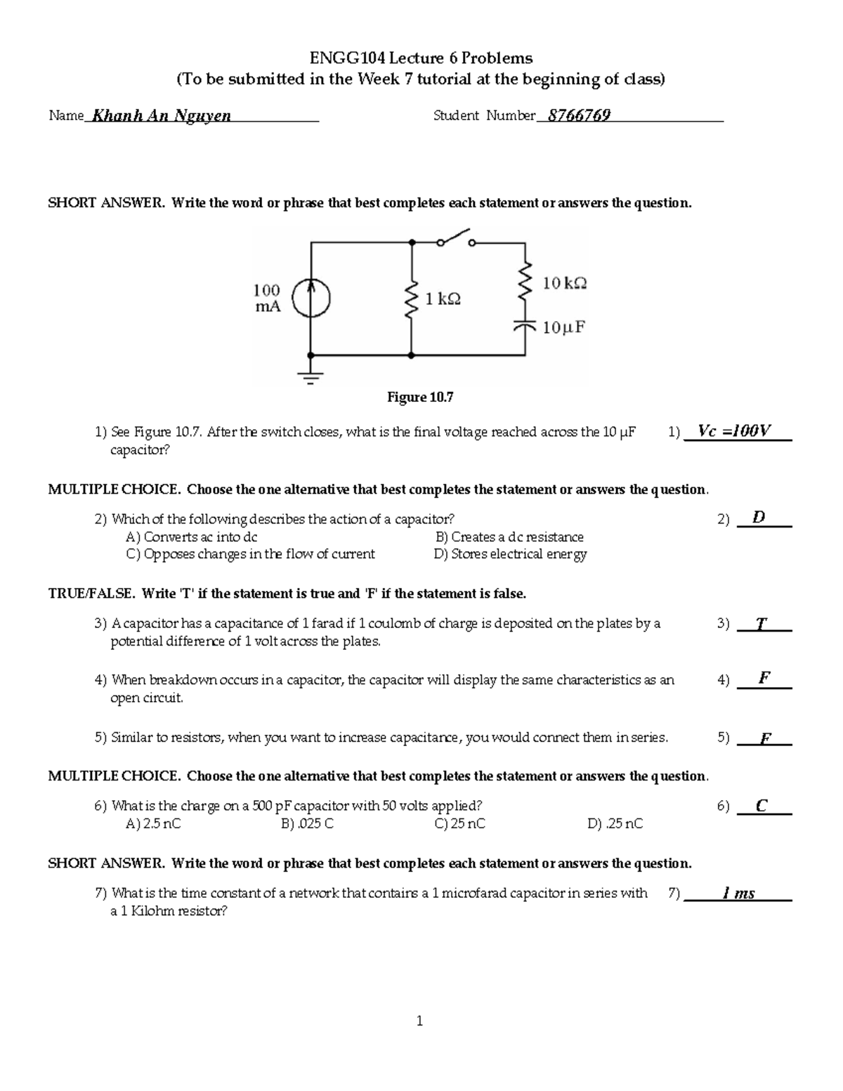 ENGG104 Tutorial 6: Capacitor Problems and Solutions - Studocu