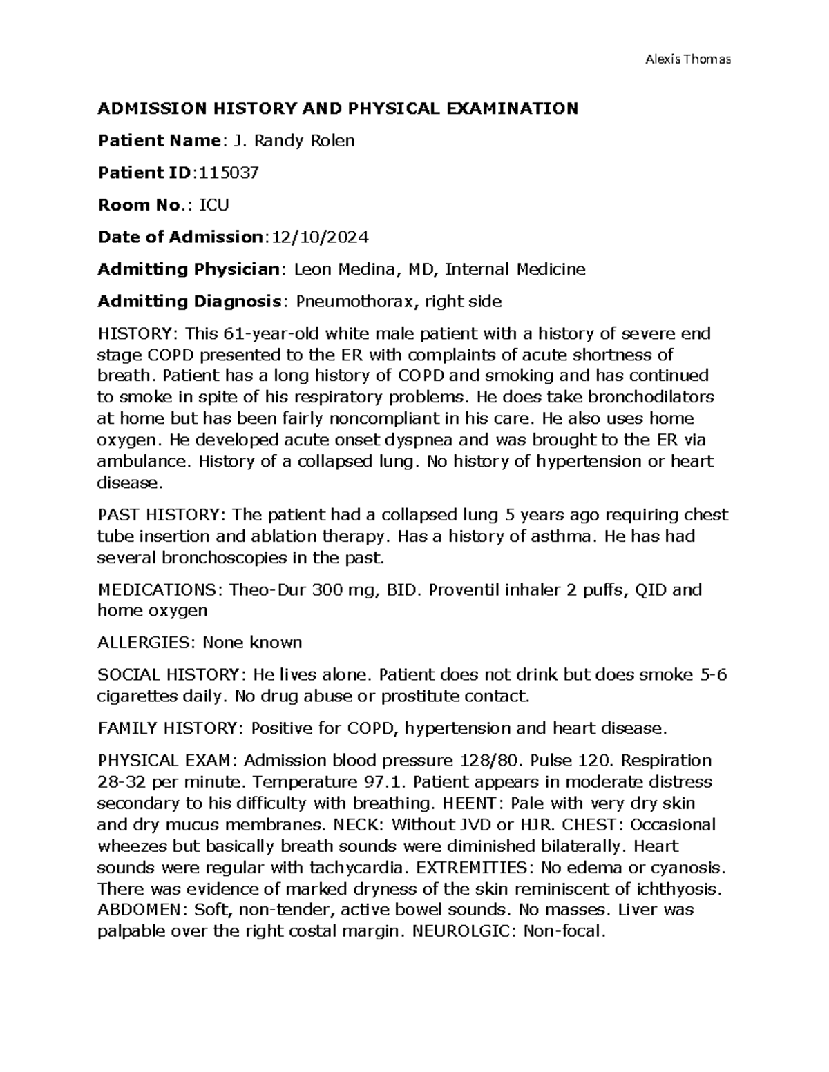 Thomas Case 10 R1: Admission History & Physical Exam of J. Randy Rolen ...