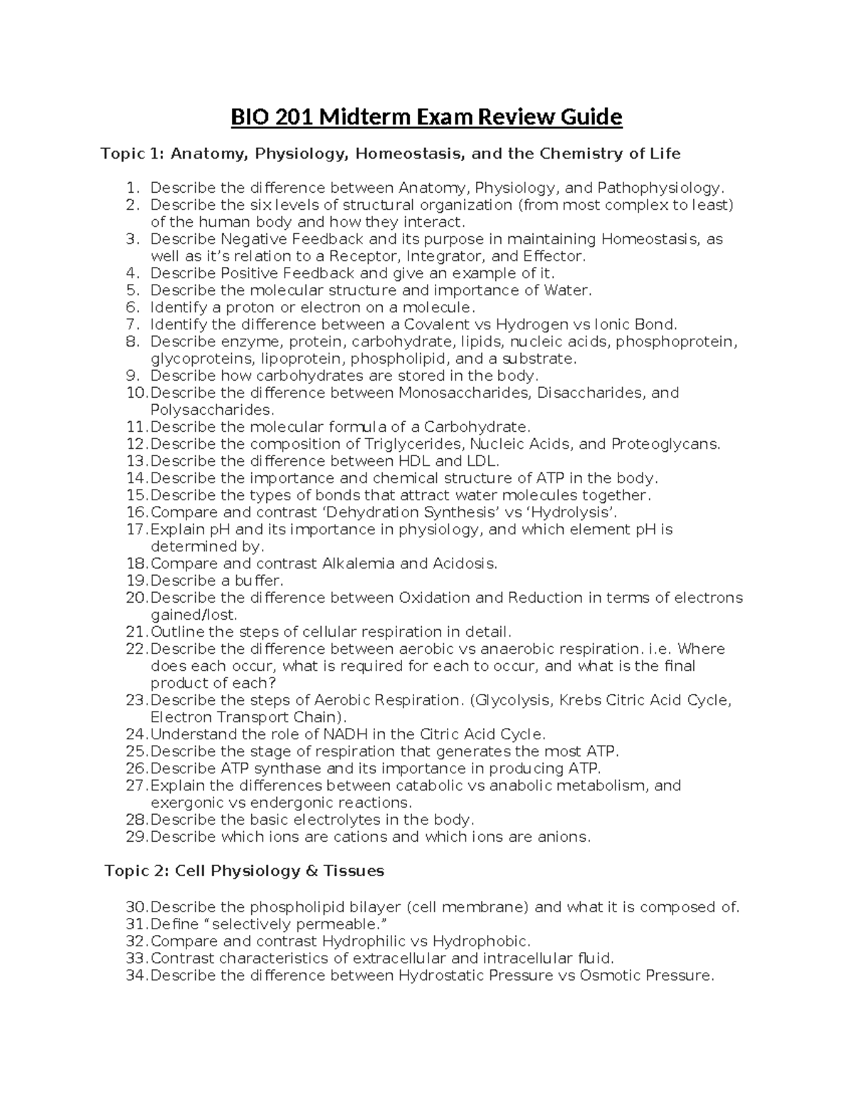BIO 201 Midterm Exam Review Guide: Anatomy, Physiology & Cell ...