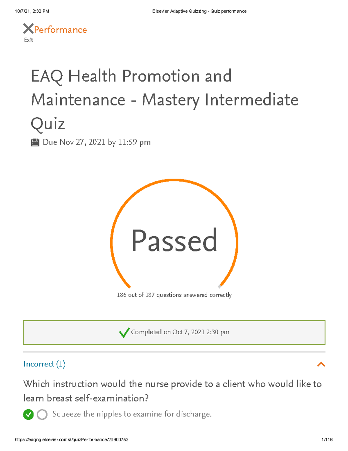EAQ Health Promotion & Maintenance - Mastery Quiz (Intermediate) - Studocu