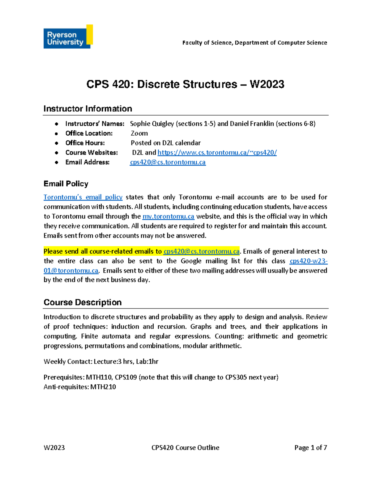 CPS420 Course Outline: Discrete Structures W202 Overview and Details ...