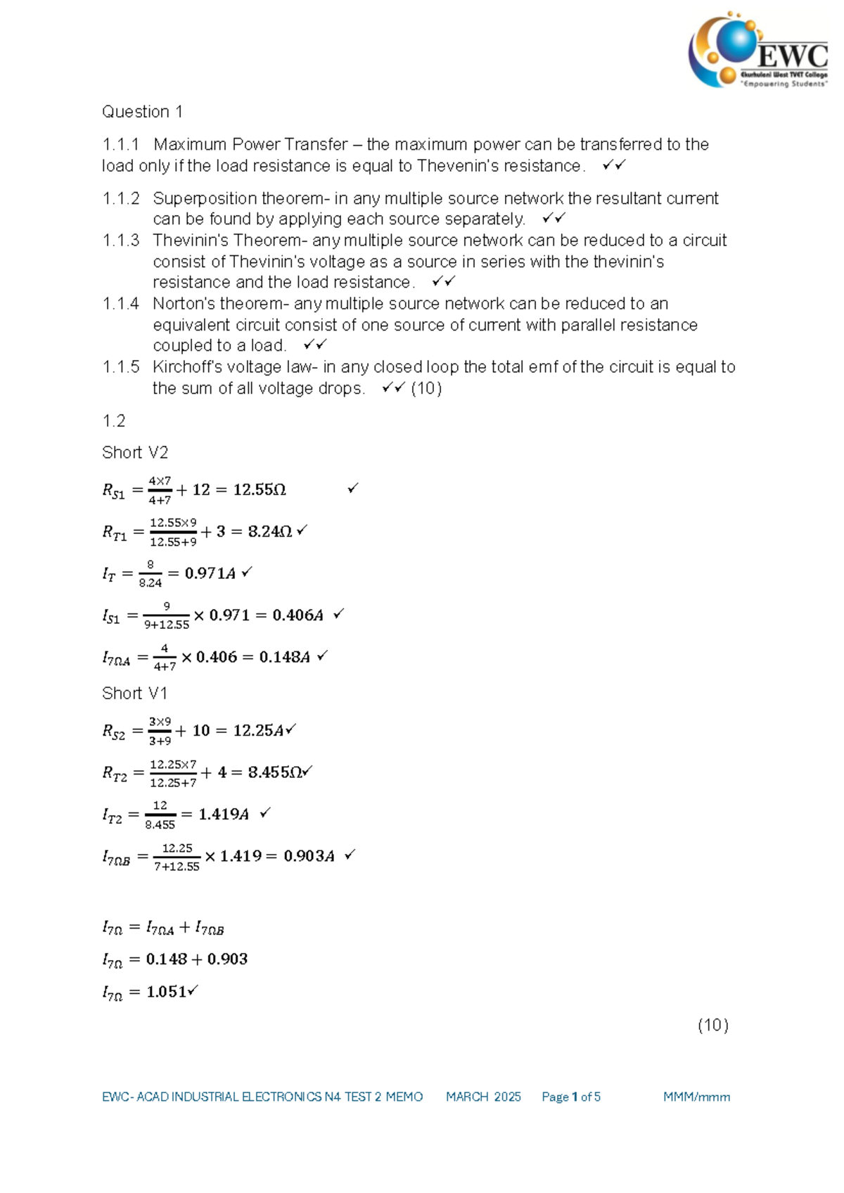 N4 Industrial Electronics Test 2 Memorandum Solutions - Studocu